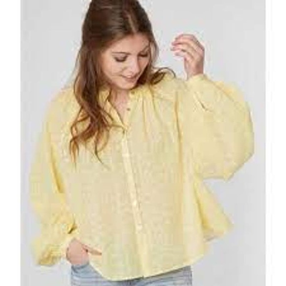 Free People | Tops | Free People Yellow Eyelet Button Up Balloon Sleeve ...